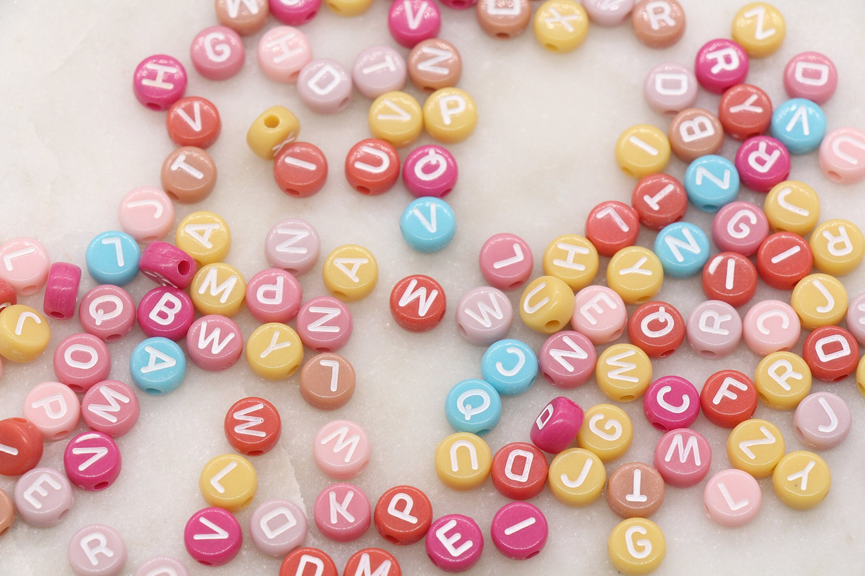 Multicolor Round Alphabet Letter Beads, Mix Beads with White Lettering